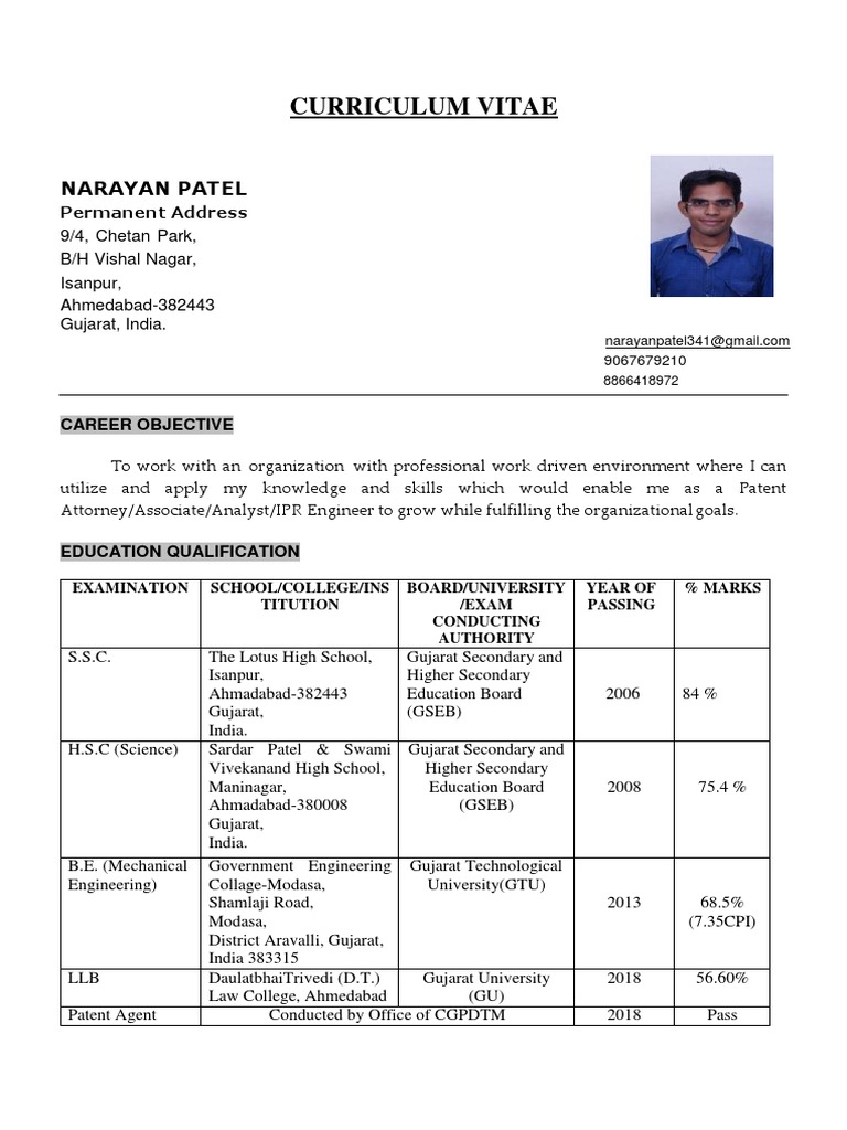 Curriculum Vitae: Narayan Patel | PDF | Patent Infringement | Gujarat