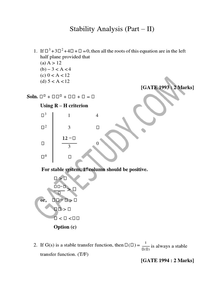Stability Analysis (Part - II) : (GATE 1993: 2 Marks) Soln. Using R - H ...
