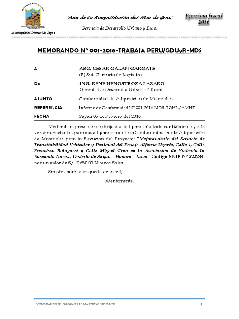 Memorando #001-2016 - Conformidad de Adquisicion de Materiales para ...