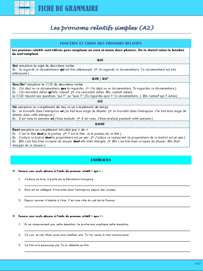 A2 Grammaire Pronoms-Relatifs-Simples1 PDF | PDF | Pronom | Complément ...