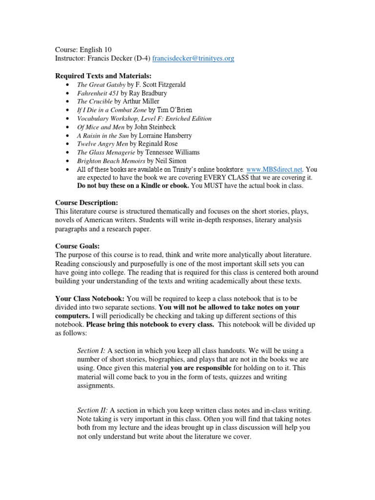 English 10 Literature Course Overview | PDF | Homework | Learning