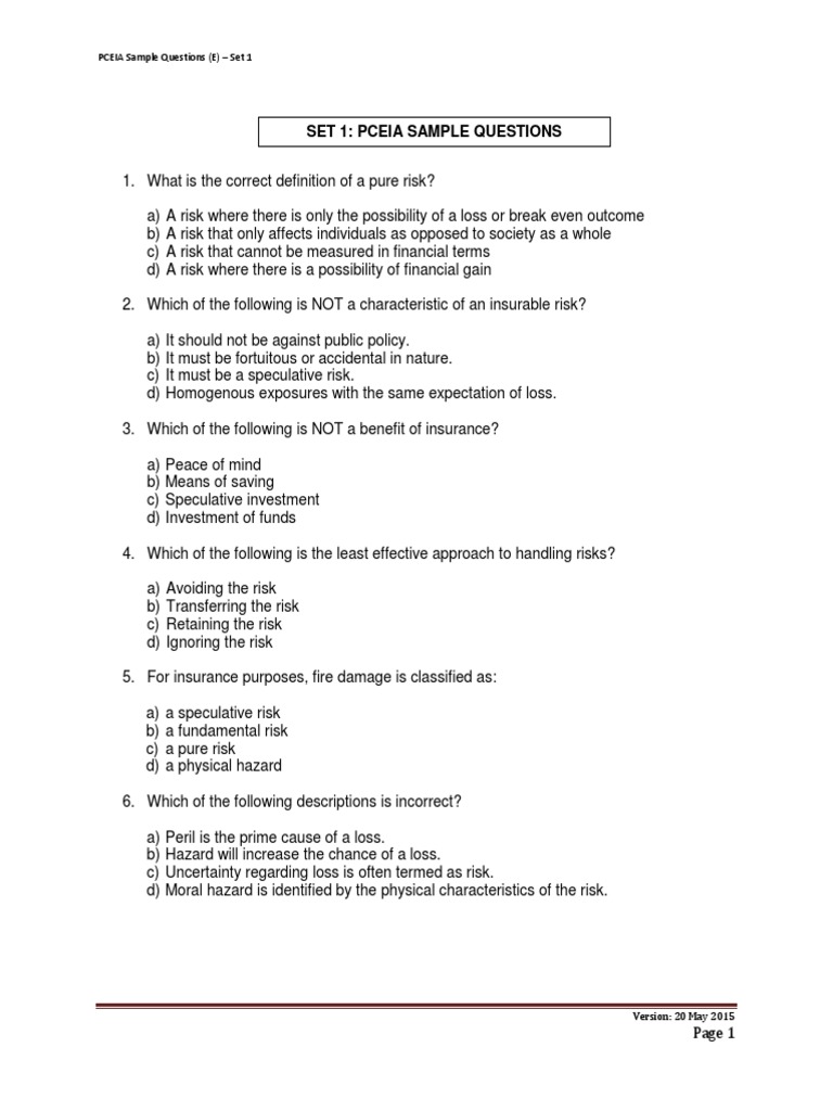 PCEIA Sample Questions (E) - Set 1 | PDF | Life Insurance | Insurance