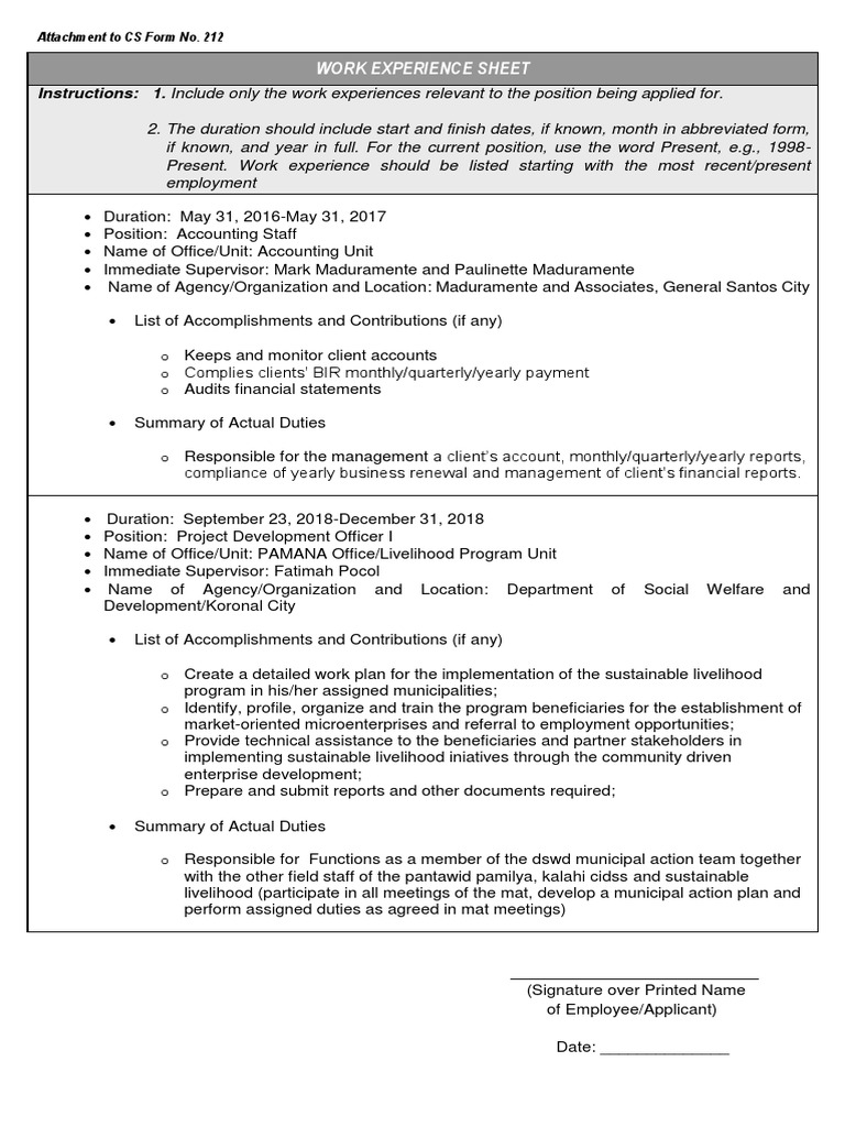 CS Form No. 212 Attachment Work Experience Sheet | PDF | Employment ...