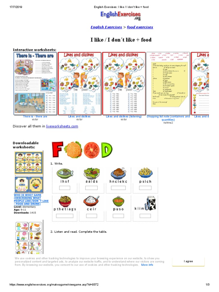 I Like I Dont Like Food Worksheet English Exercises: I Like / I Don´t