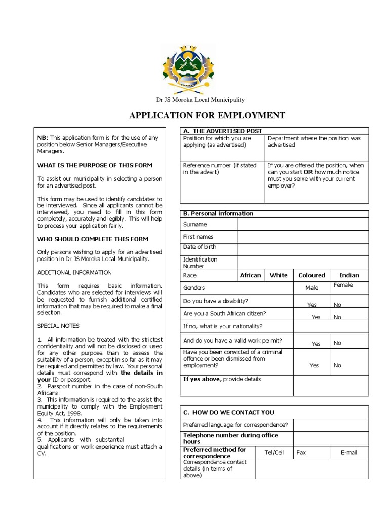 Application Form For Employment | PDF | Advertising | Government