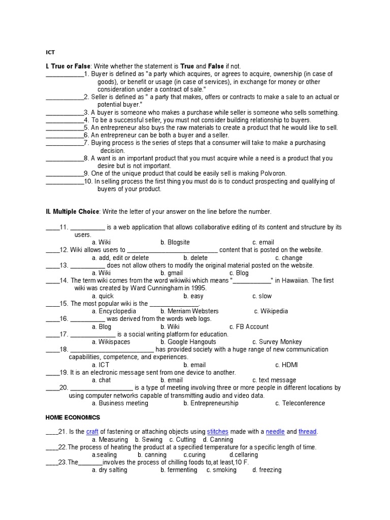 I. True or False: Write Whether The Statement Is True and False If Not ...