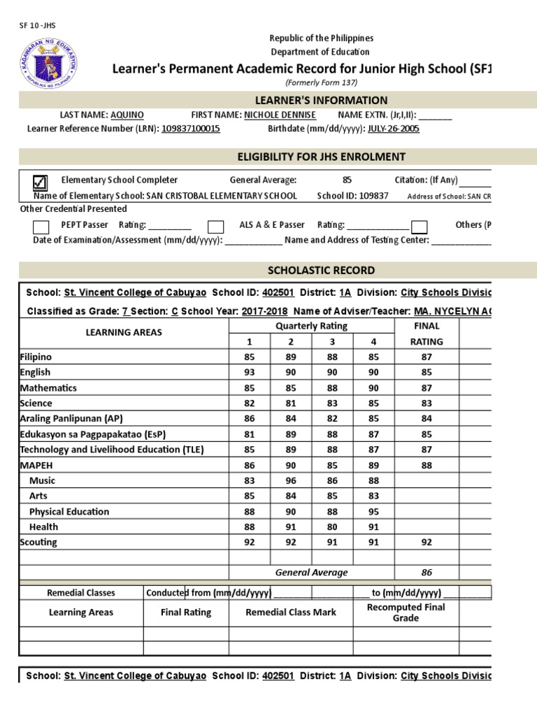 Learner's Permanent Academic Record For Junior High School (SF10-JHS) | Download Free PDF ...