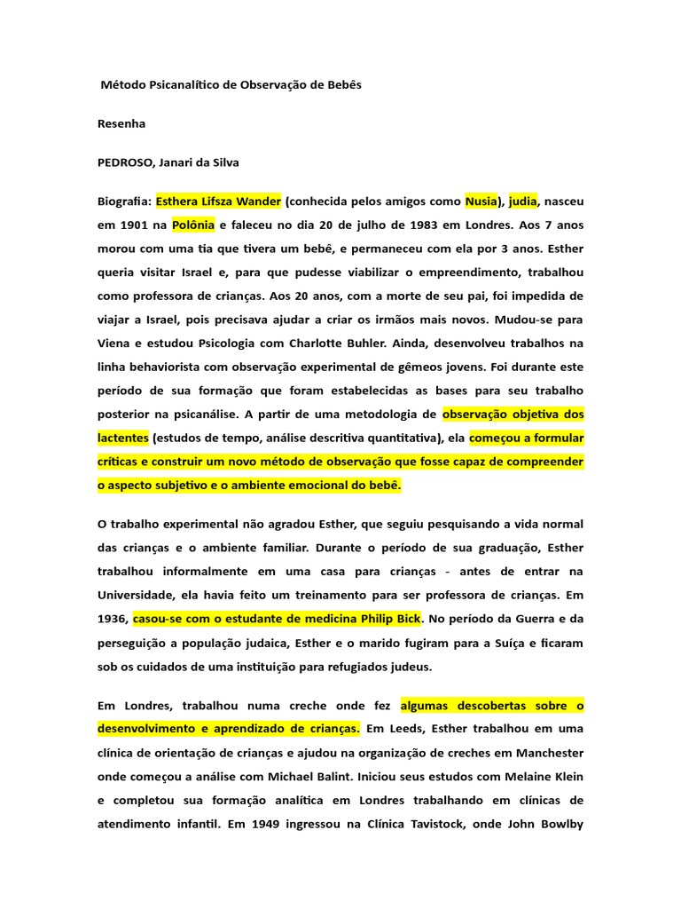 1 Biografia Esther Bick | PDF | Psicanálise | Método científico