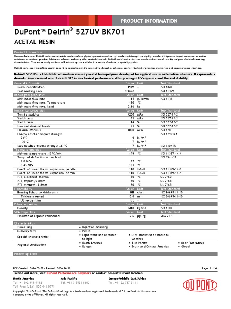 Dupont Delrin 527UV BK701 | PDF | Strength Of Materials | Physical Sciences
