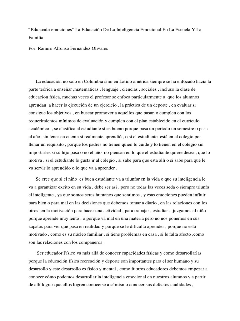 Educación Emocional En Escuela Y Familia Pdf Inteligencia Emocional