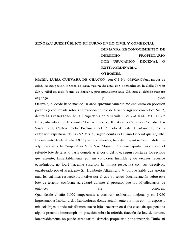 Demanda Usucapion | PDF | Demanda judicial | Justicia