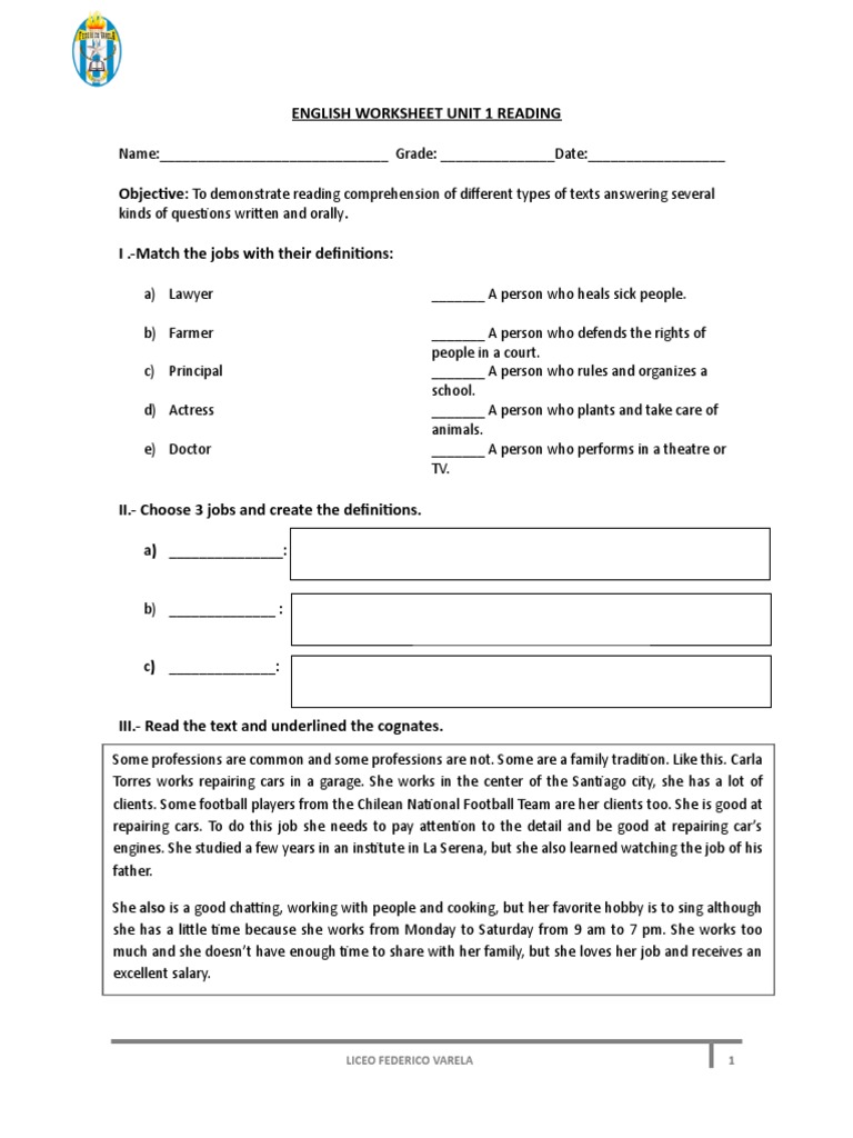 English Worksheet Unit 1 Reading:: To Demonstrate Reading Comprehension ...