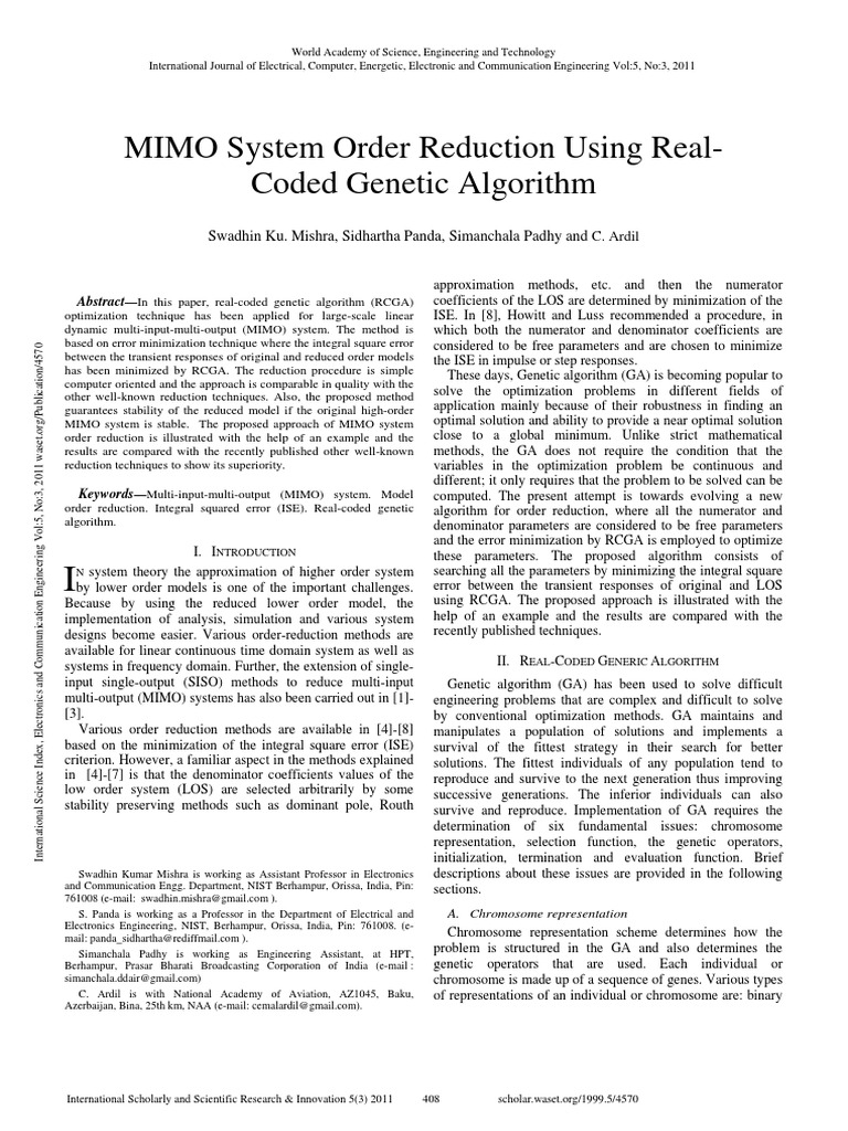 MIMO System Order Reduction Using Real Coded Genetic Algorithm | PDF | Genetic Algorithm ...