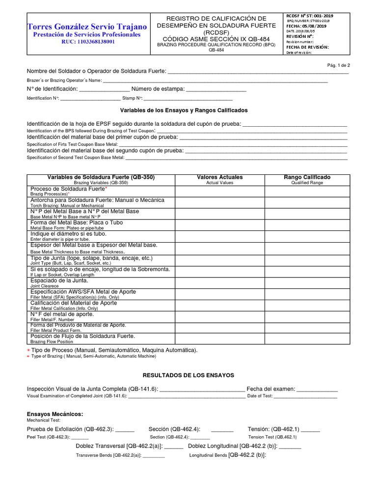 Formato para Servio Torres BPQ (Brazer Performance Qualification) | PDF ...