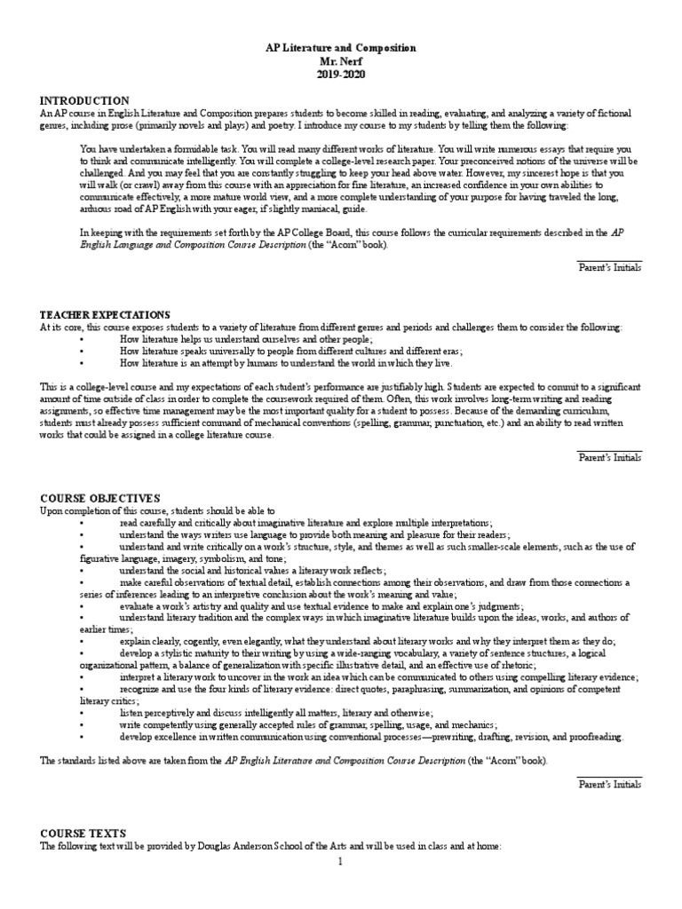 AP Literature and Composition Mr. Nerf 2019-2020: English Language and ...