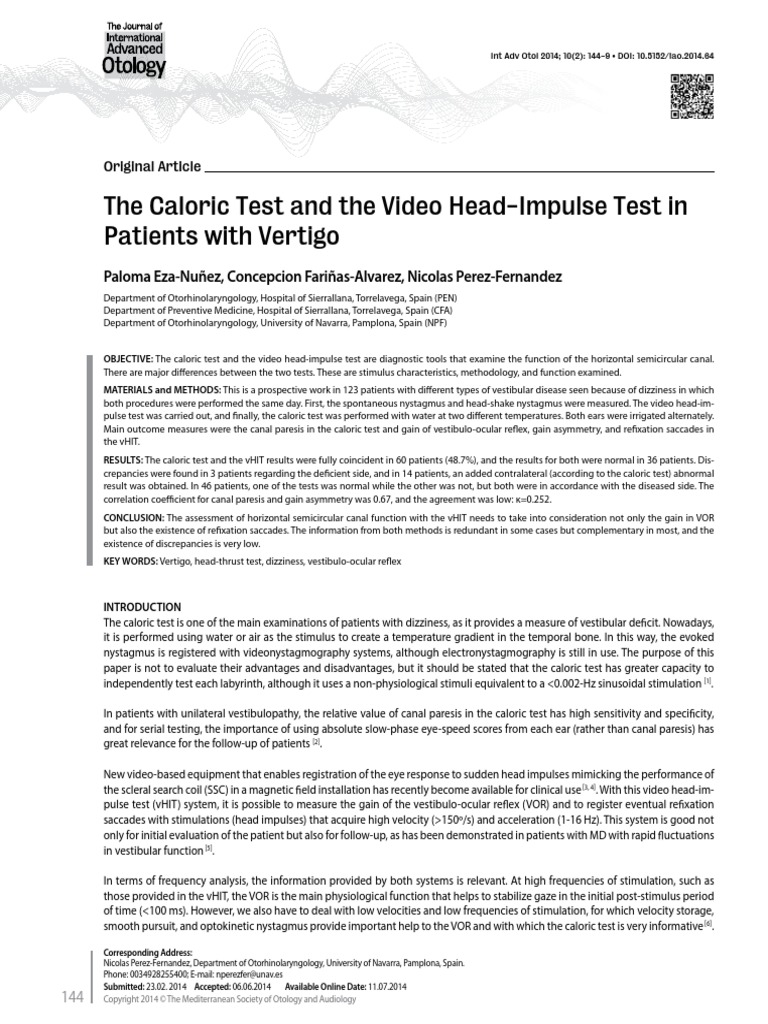 The Caloric Test and The Video Head-Impulse Test in Patients With ...