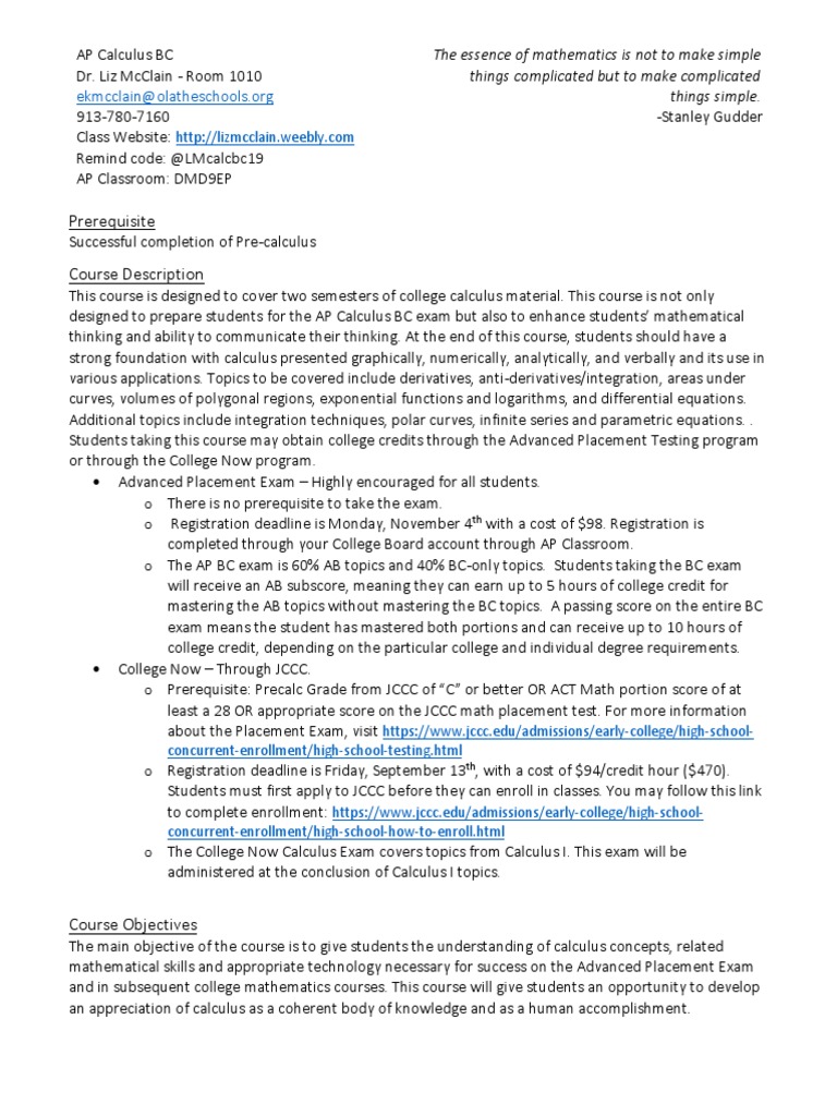 Syllabus Ap Calculus BC 2019 | PDF | Derivative | Integral