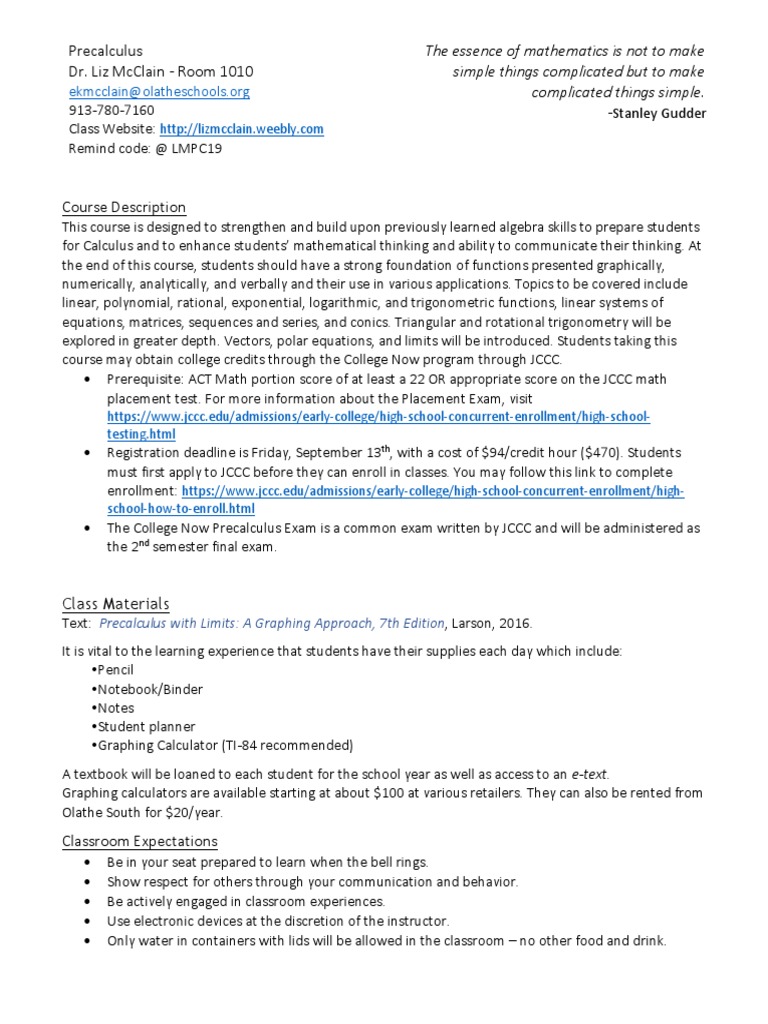 Syllabus Precalc 2019 | PDF | Precalculus | Homework