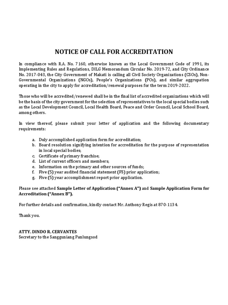 Notice of Call For Accreditation - Ngo | PDF | Non Governmental ...