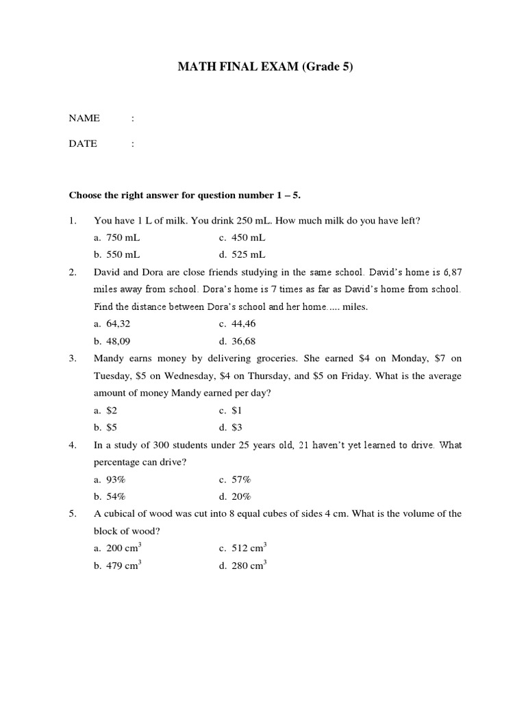 Math Final Exam Grade 5 | PDF | Euclidean Geometry | Geometry