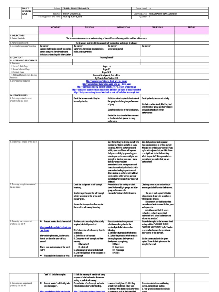 Daily Lesson Log: Personality Development | PDF | Self Concept | Self