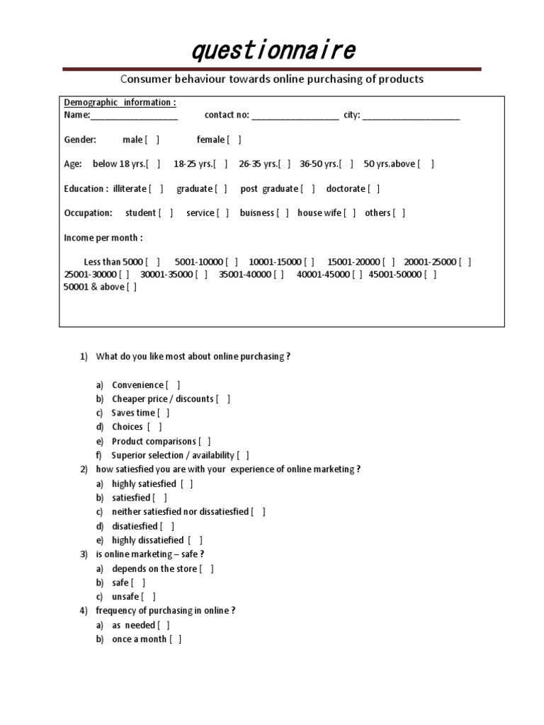 Questionnaire: Consumer Behaviour Towards Online Purchasing of Products ...