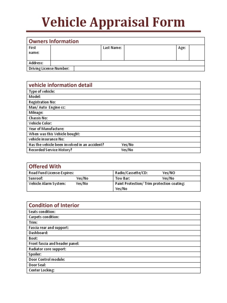 Vehicle Appraisal Form Template | PDF