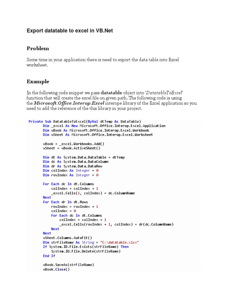 Export Datatable To Excel in VB | PDF | Component Object Model | Microsoft Excel