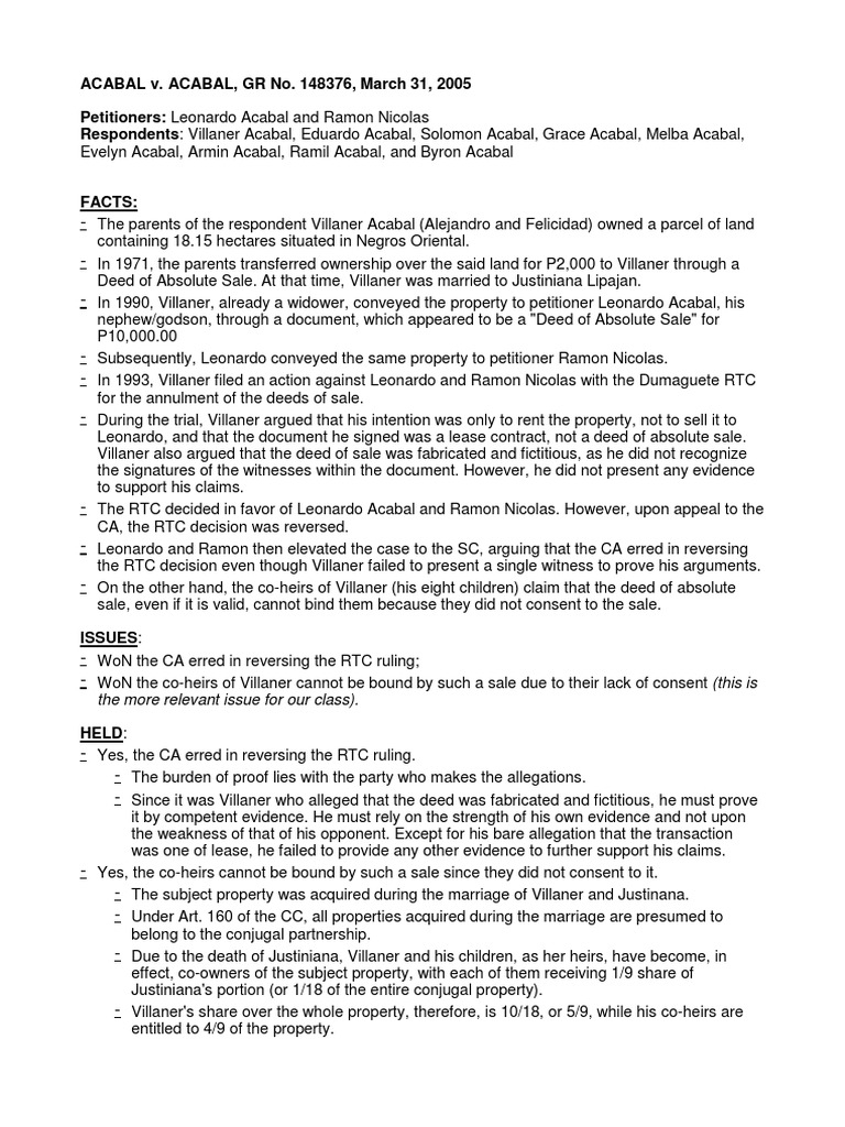 ACABAL v. ACABAL, GR No. 148376, March 31, 2005 Petitioners ...