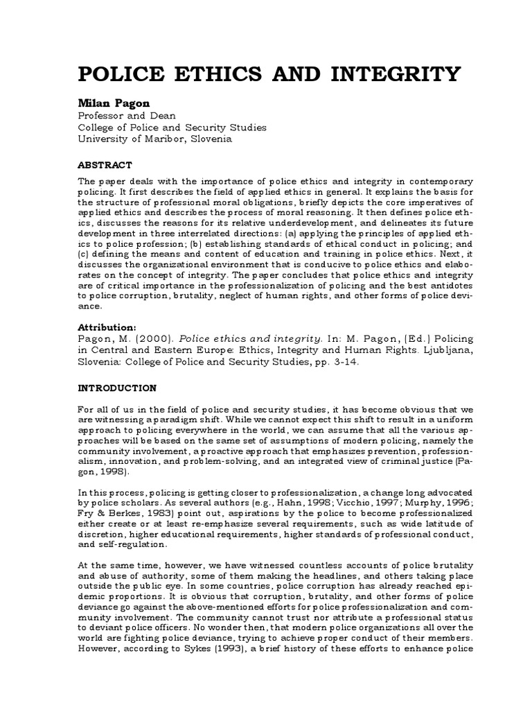 Police Ethics and Integrity Overview | PDF | Integrity | Morality