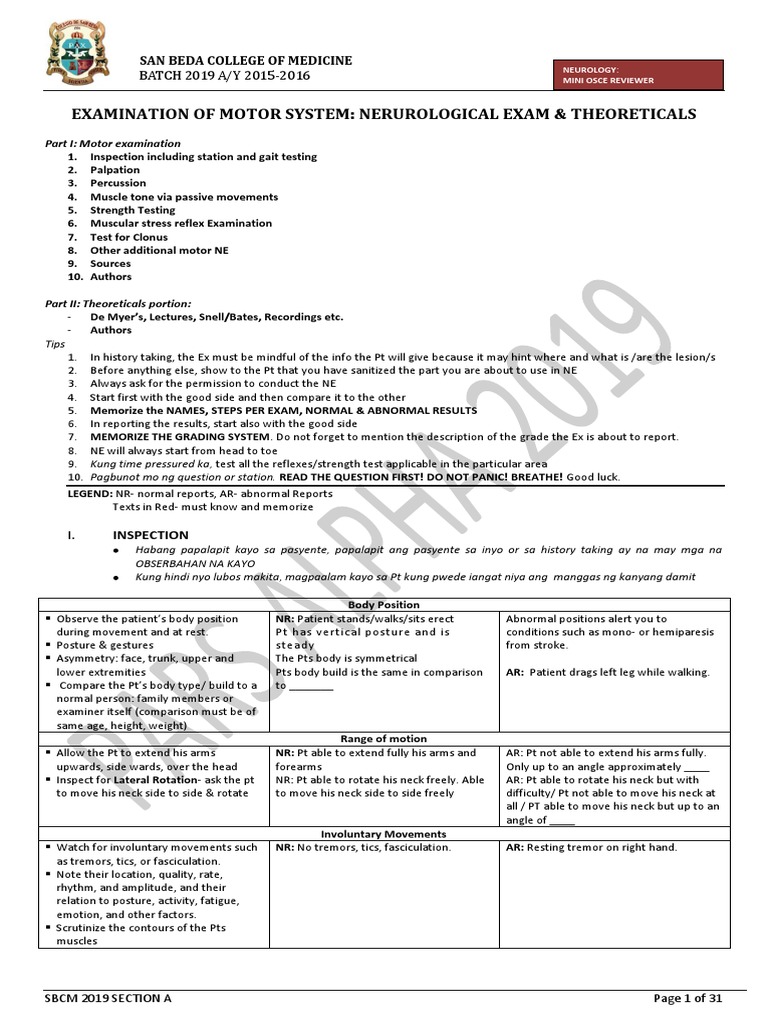 SAN BEDA COLLEGE OF MEDICINE NEUROLOGY: MINI OSCE REVIEWER | PDF ...