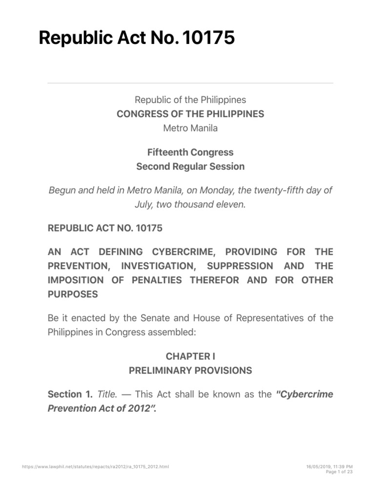 Republic Act No 10175 (Cybercrime) | PDF | Computer Security | Security