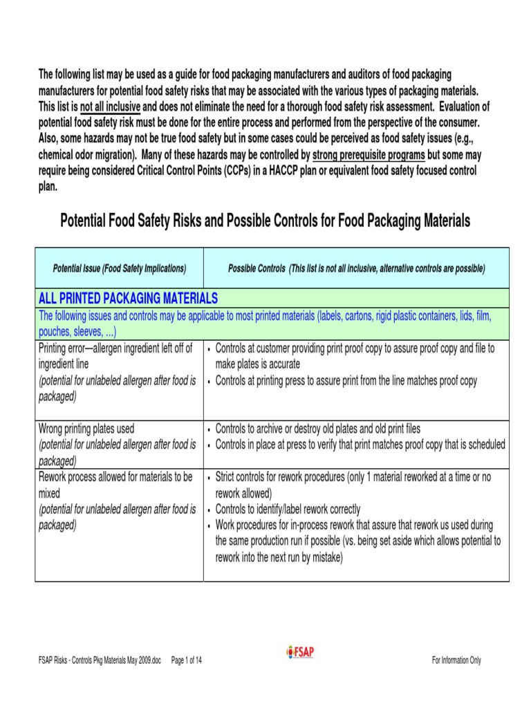 FSAP Risks - Controls PKG Materials May 2009 PDF | PDF | Packaging And ...