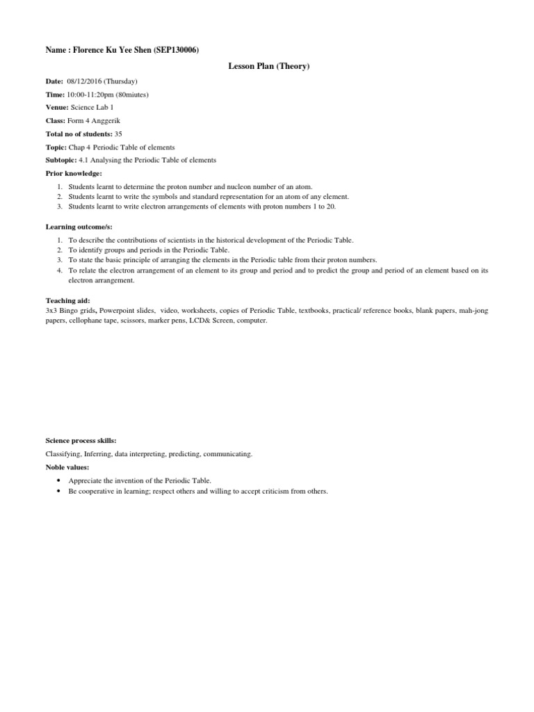 Lesson Plan Full - Theory | PDF | Periodic Table | Teachers