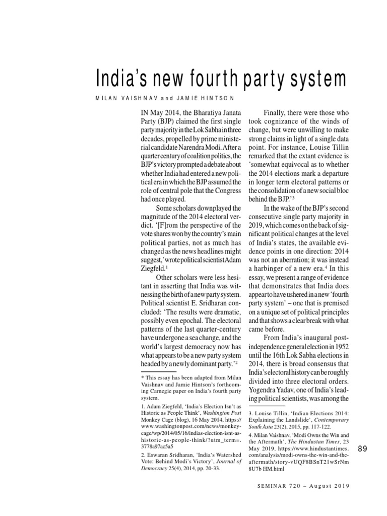 Vaishnav and Hintson - India's New Fourth Party System | PDF ...