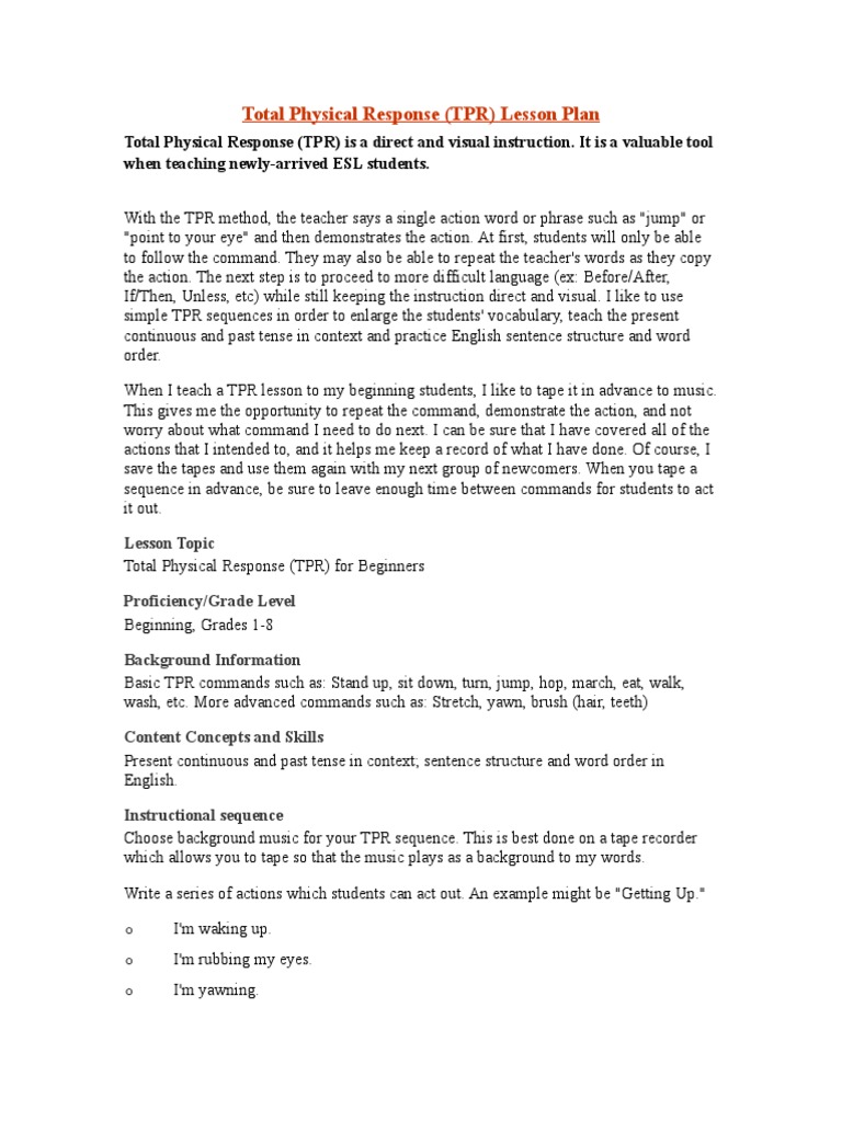 Total Physical Response Esl Lesson Plan | PDF | Semiotics | Learning