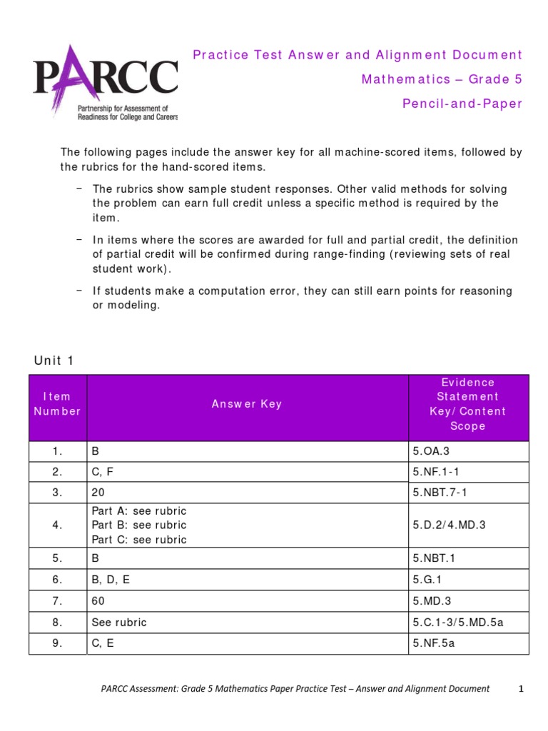Parcc Maths Grade 5 Answer | PDF | Rubric (Academic) | Fraction ...