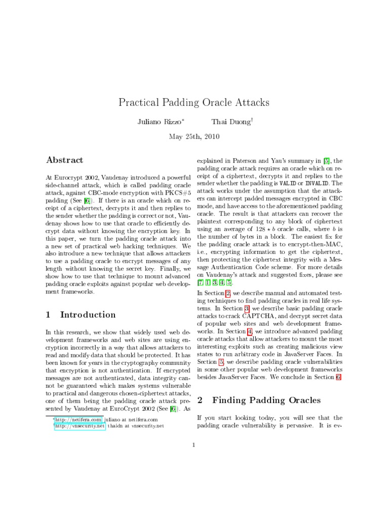 Practical Padding Oracle Attacks: Juliano Rizzo Thai Duong May 25th, 2010 | PDF | Cryptography ...