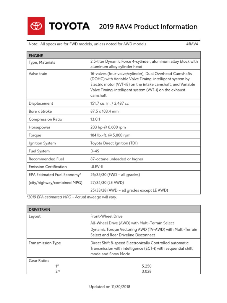 2019 Toyota RAV4 Product Information FINAL 11-30-2018 | PDF ...