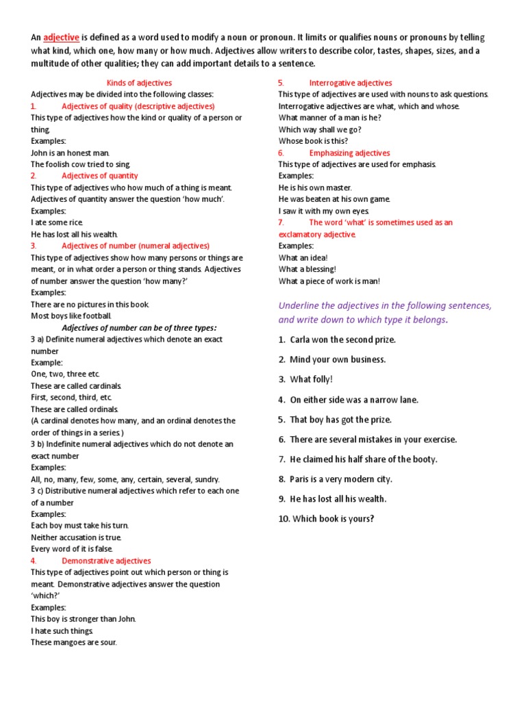 Adjective Types Handout | PDF | Adjective | Noun