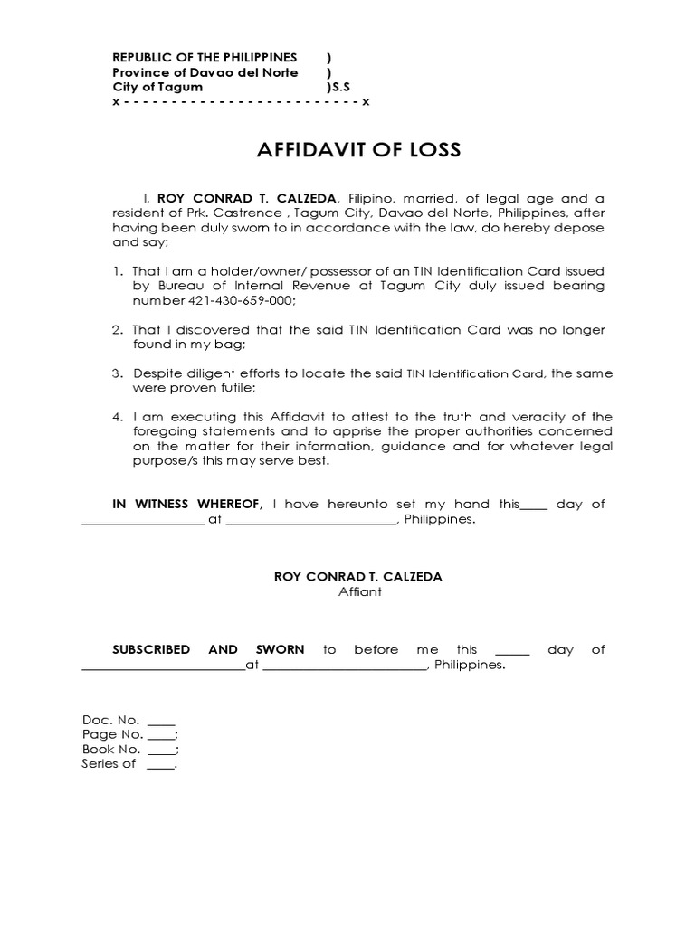 Affidavit of Loss: TIN Identification Card | Download Free PDF | Affidavit | Civil Law (Common Law)