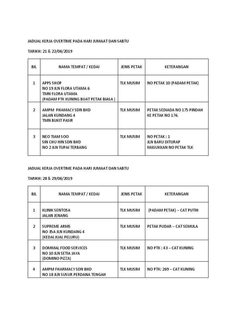 Jadual Kerja Ot | PDF