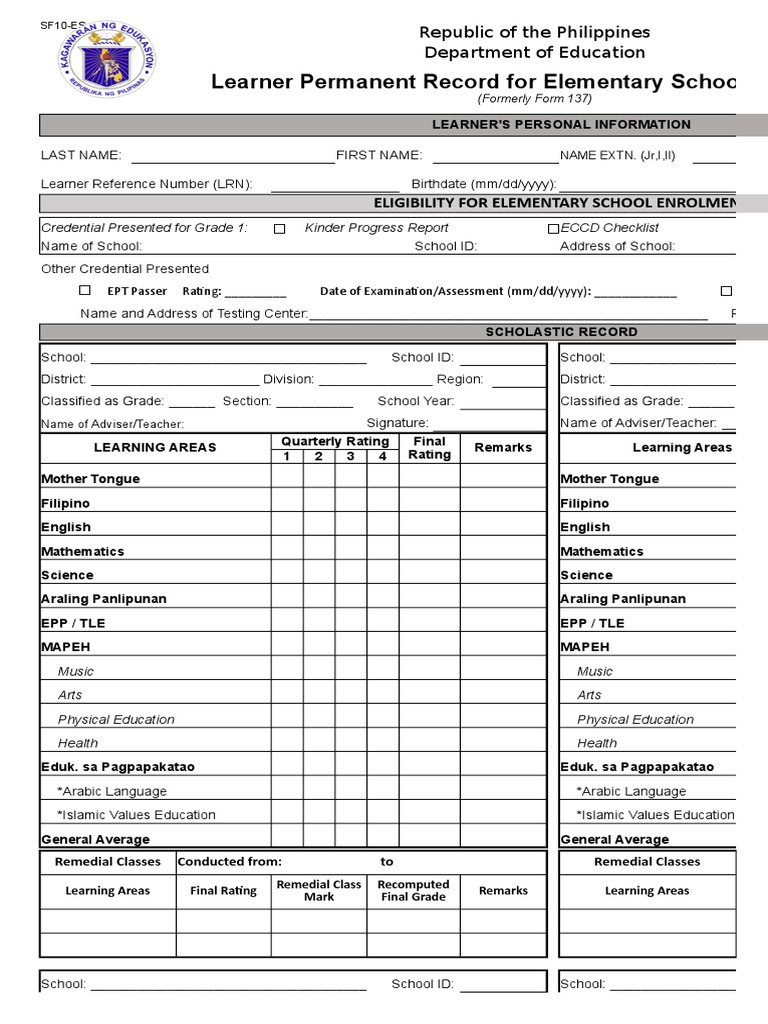 School Form 10 SF10 Learner's Permanent Academic Record For Elementary ...