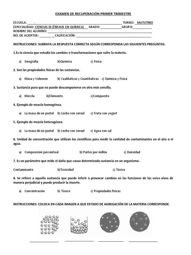 Examen de Recuperacion Quimica Secundaria | Sustancias químicas | Importar