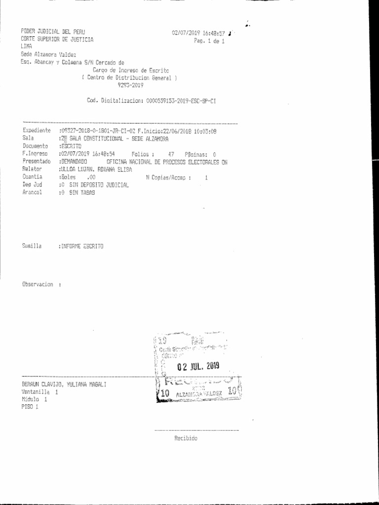 Escrito Complementario de ONPE Proceso Contra Voto Electronico | PDF | Transport Layer Security ...