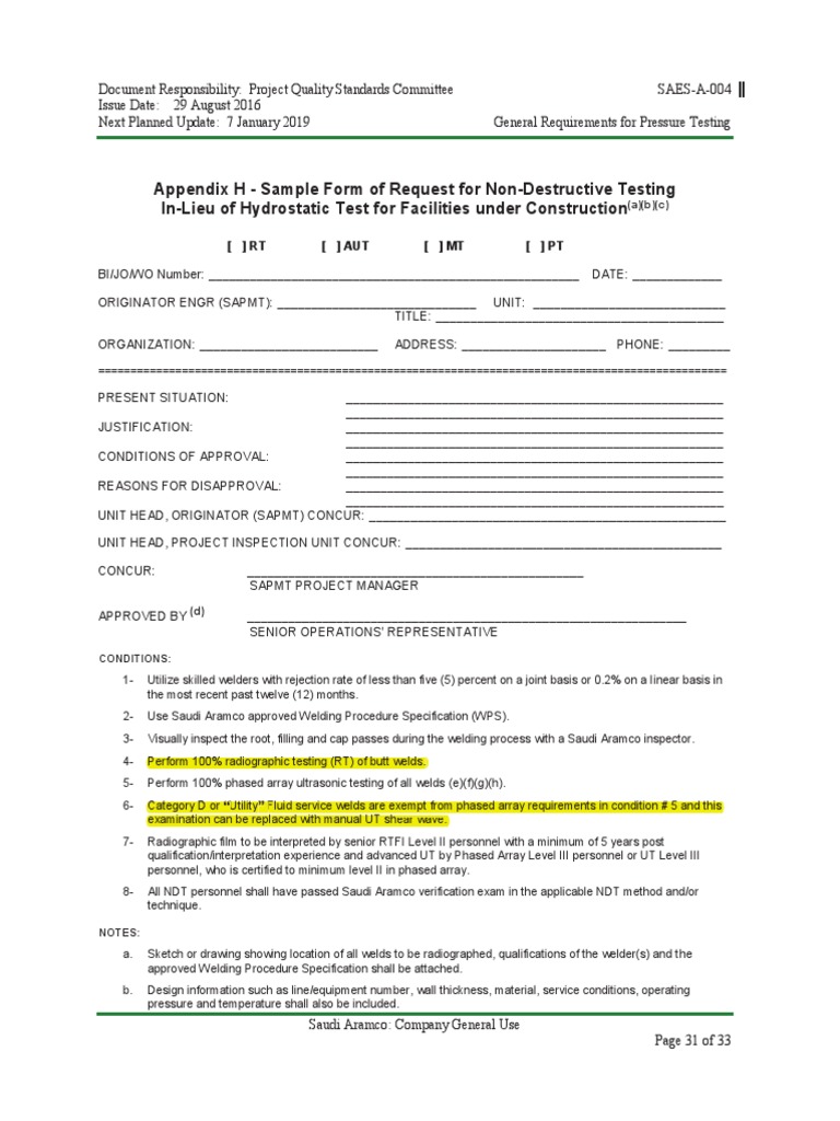 Appendix H - Sample Form of Request For Non-Destructive Testing In-Lieu ...