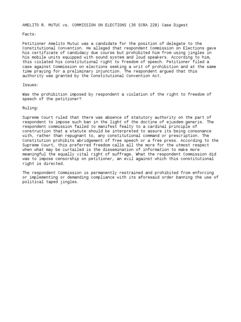 Mutuc vs. Comelec 36 Scra 228 1970 (Digest) | PDF