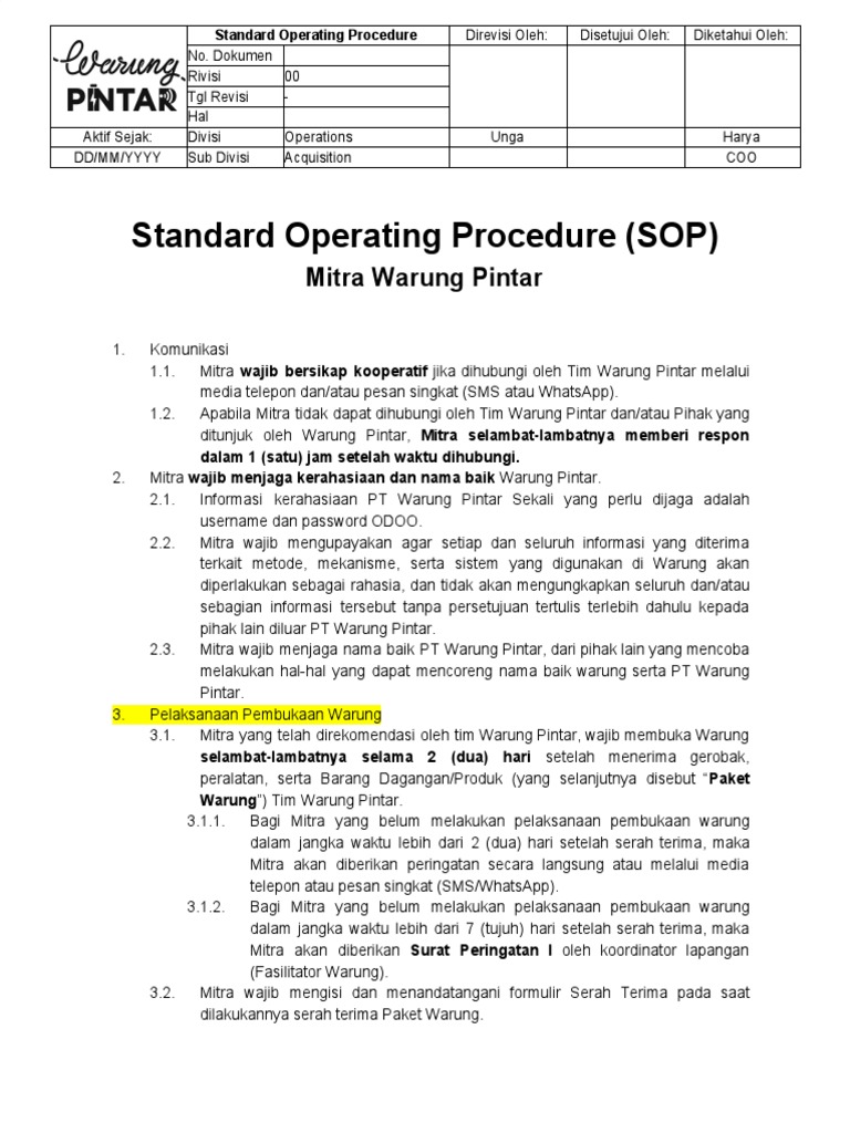 Standard Operating Procedure (SOP) Mitra Warung Pintar BWI | PDF