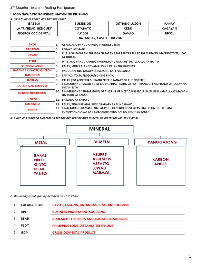 Grade 4 - 2nd Quarter Exam in Araling Panlipunan-ANSWERKEY | PDF