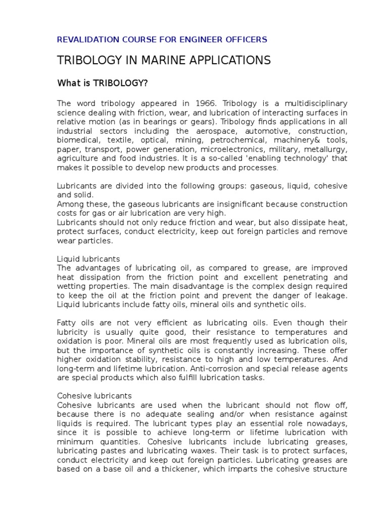 Tribology in Marine Applications | PDF | Lubricant | Bearing (Mechanical)